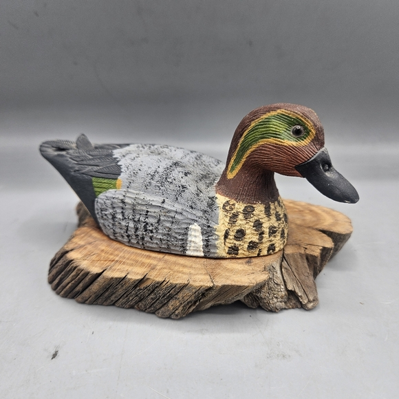 Source Unknown | Accents | Hand Carved Painted Wooden Duck On Stump ...